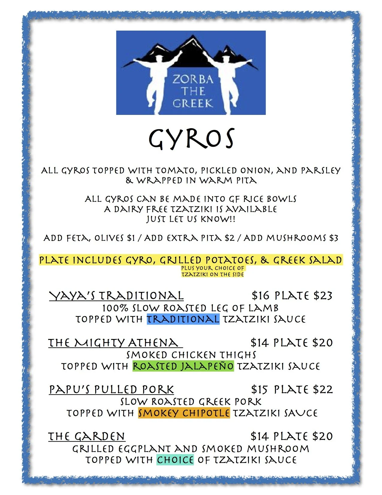 Menu — Zorba the Greek Truck
