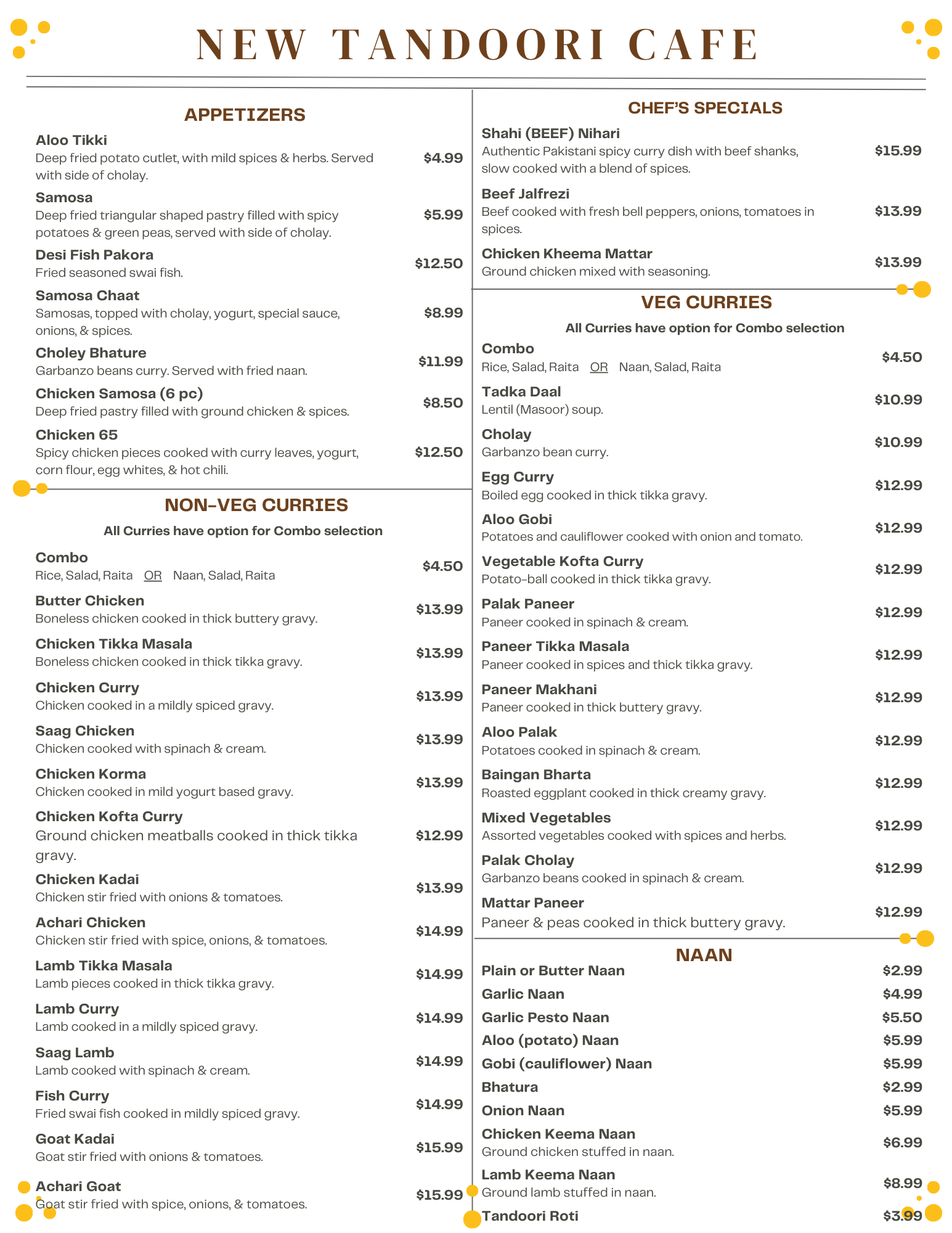 Menu — New Tandoori Cafe