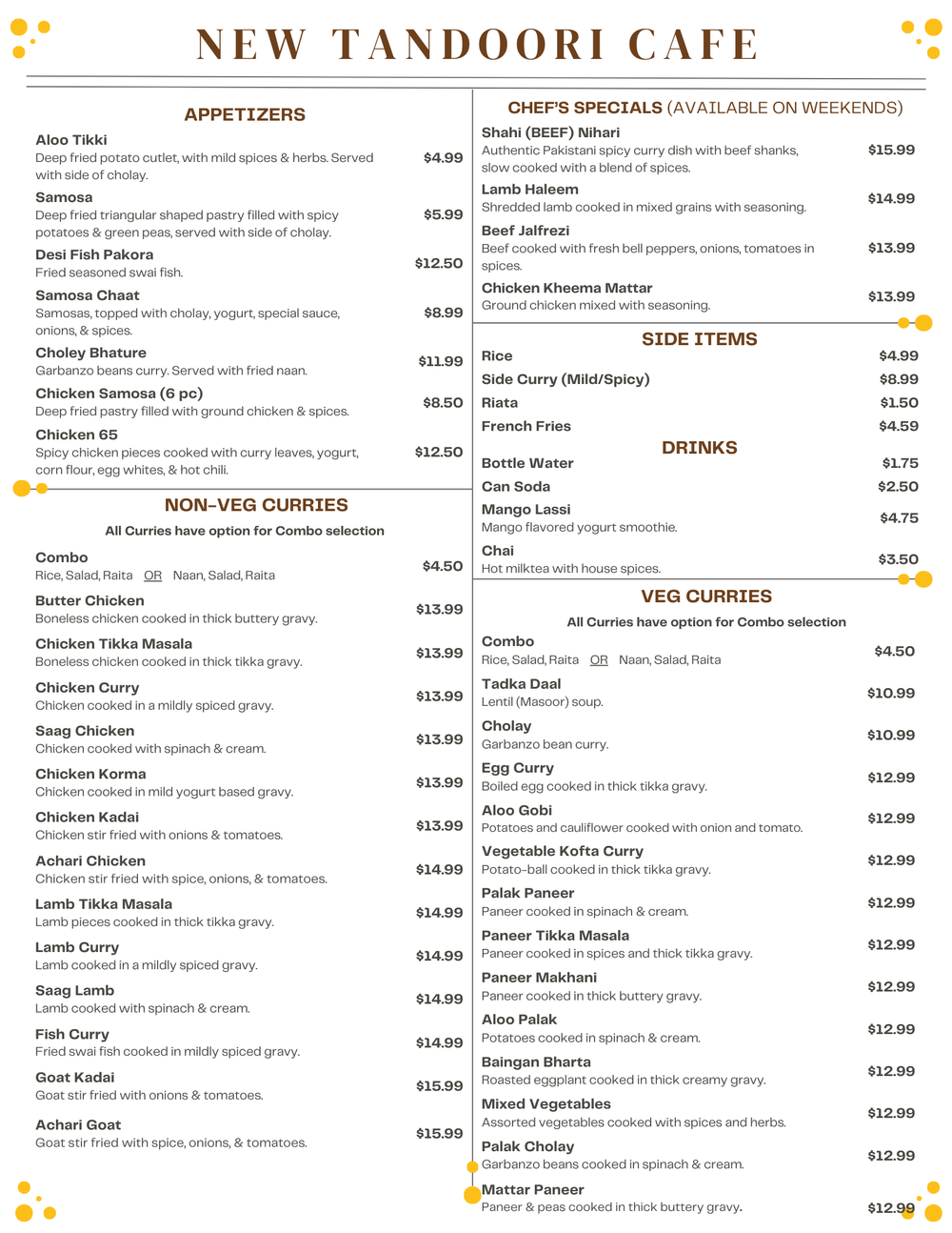 Menu — New Tandoori Cafe
