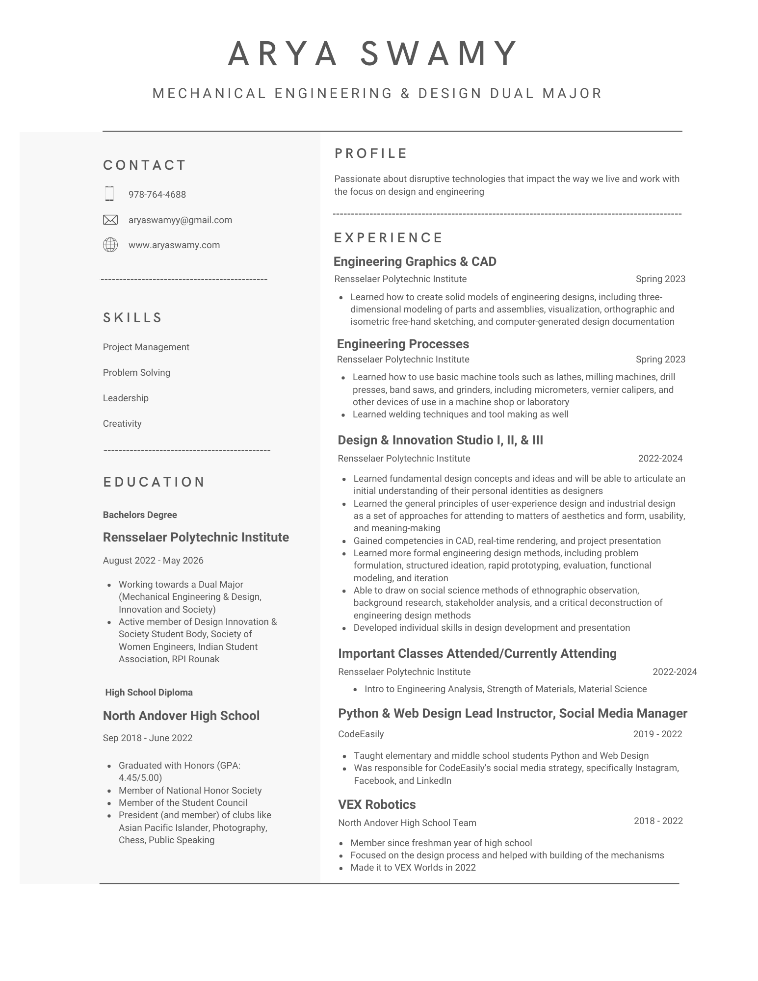 Resume — Arya Swamy