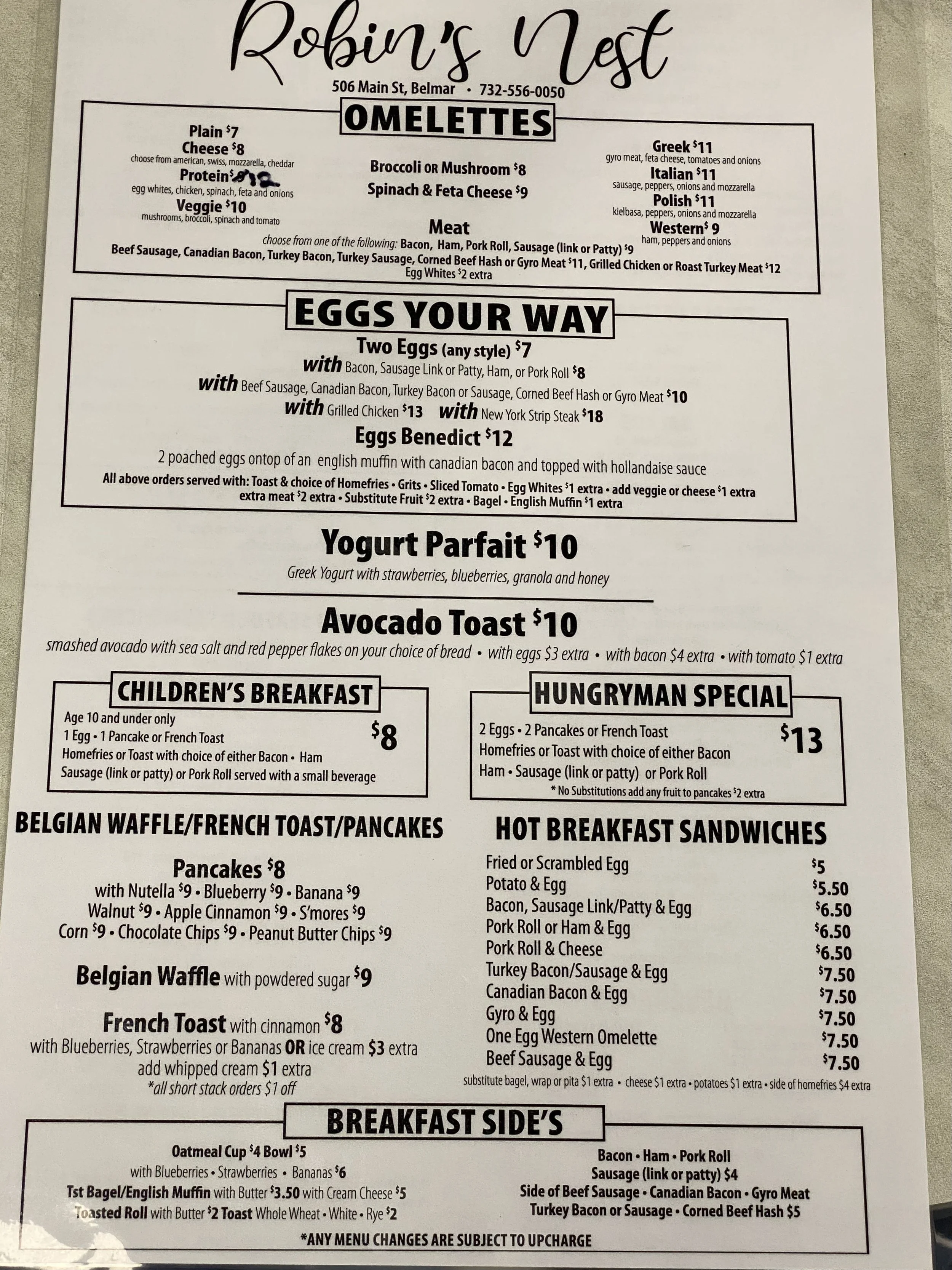 Menu — Robin's Nest