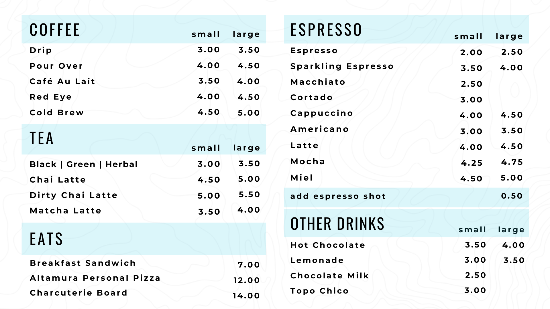 Menus — Tierra Distilling Co.