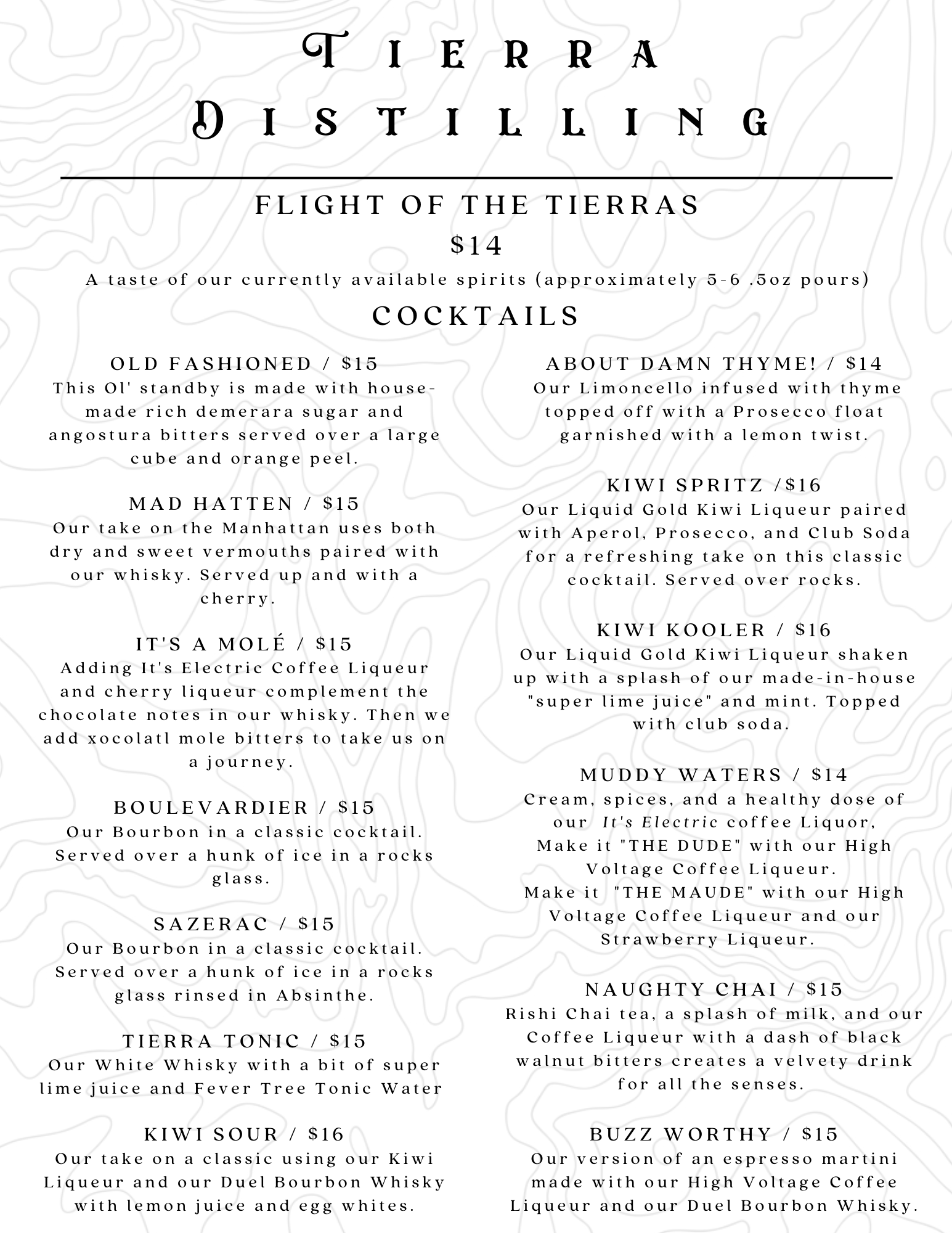 Menus — Tierra Distilling Co.