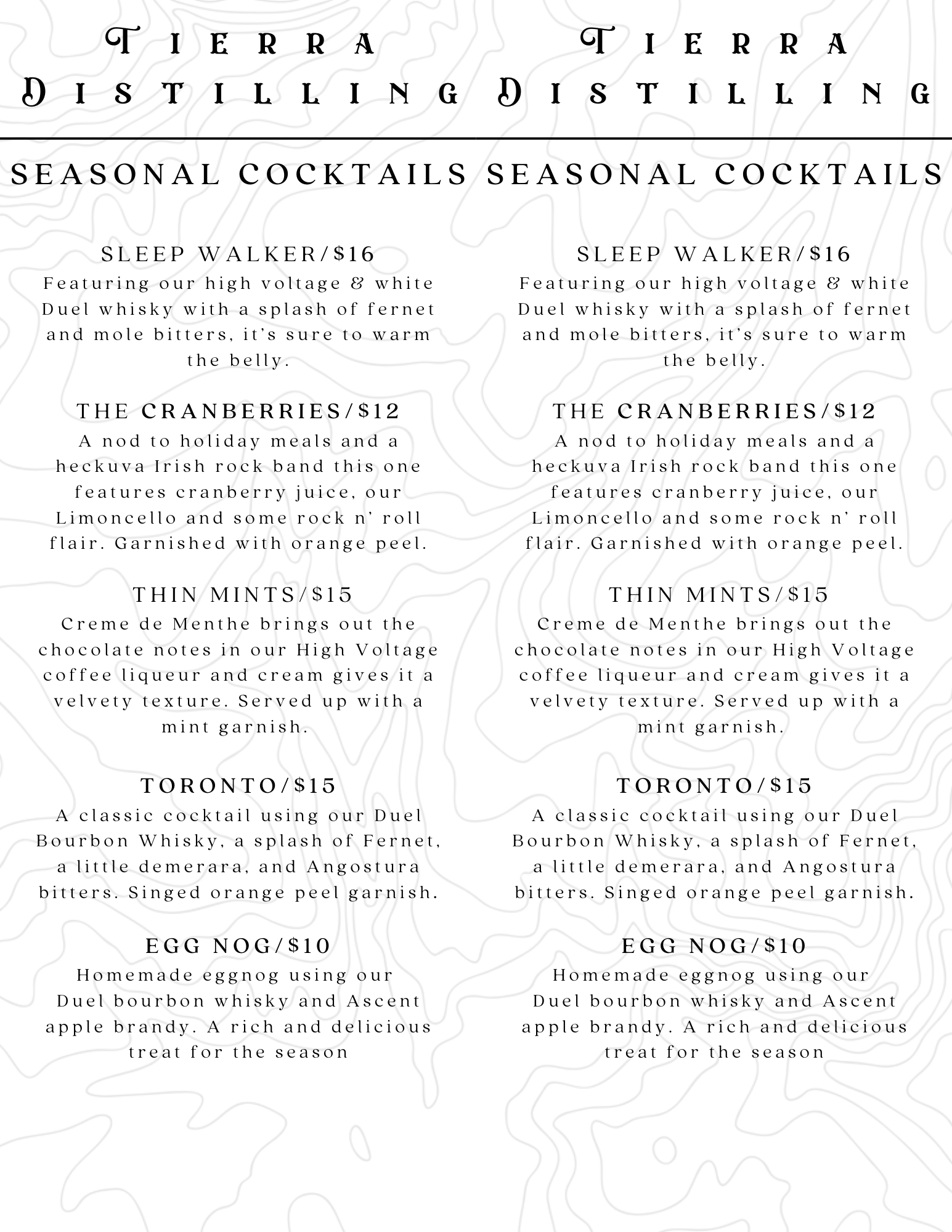 Menus — Tierra Distilling Co.