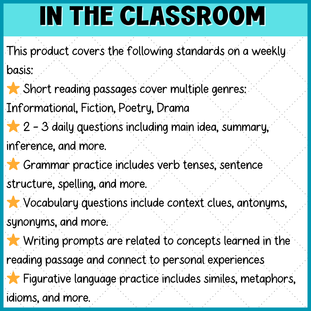 Reading Bell Ringers for Middle School ELA/ESL for 5th and 6th Grade ...