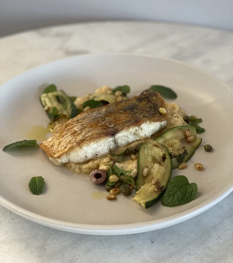 Barramundi with Baba Ganoush & Zucchini Salsa — RHYS GARD