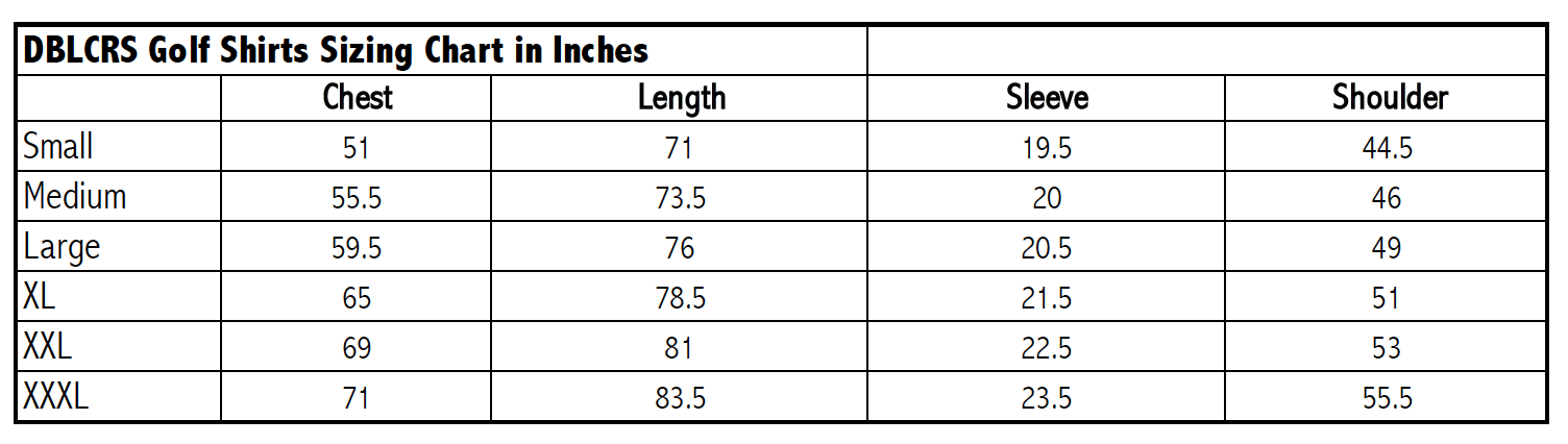 DBLCRS Golf Shirt Size Chart — DBL CRS Sim Lounge