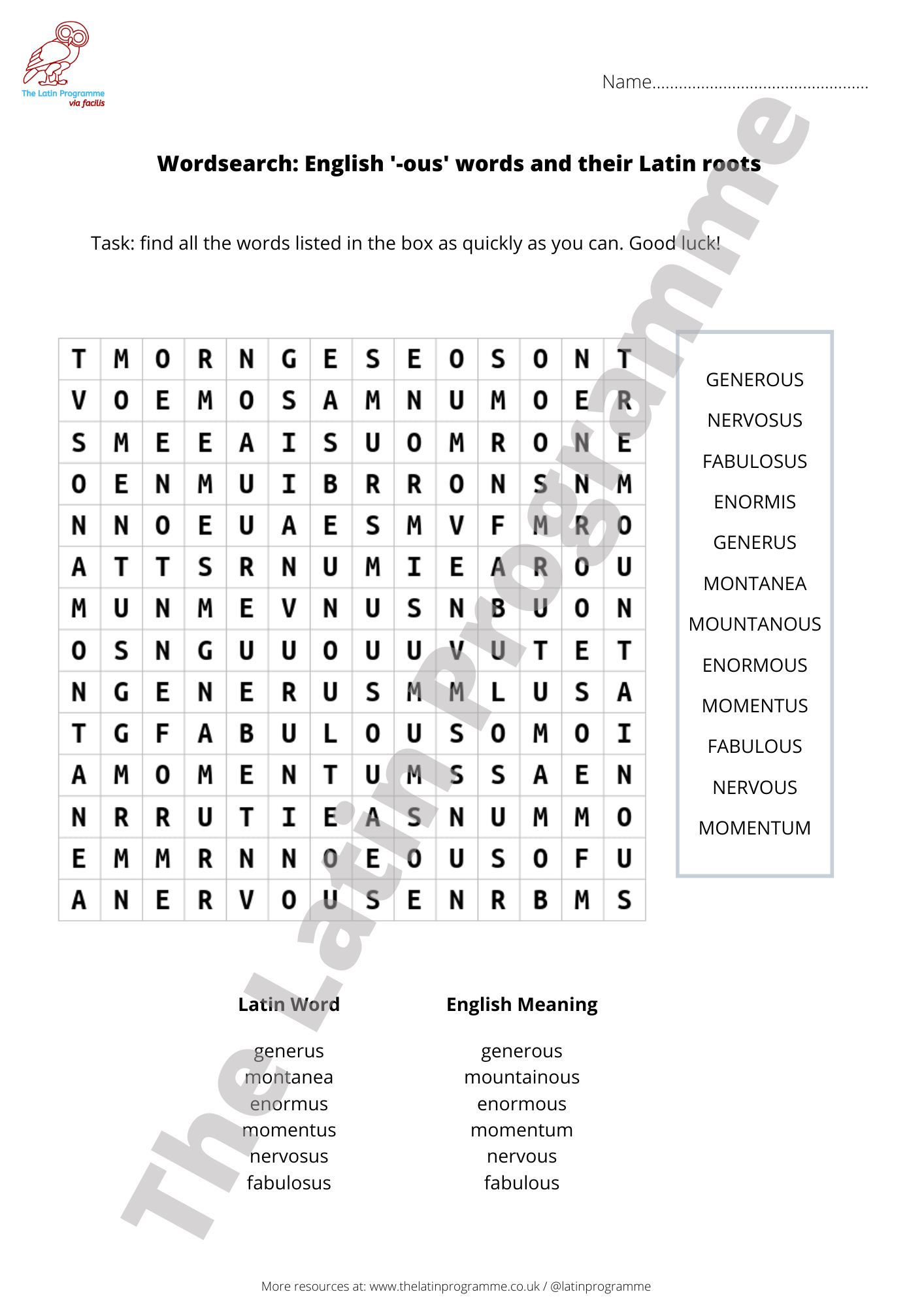 Wordsearch: '-ous' Suffix — The Latin Programme: Via Facilis