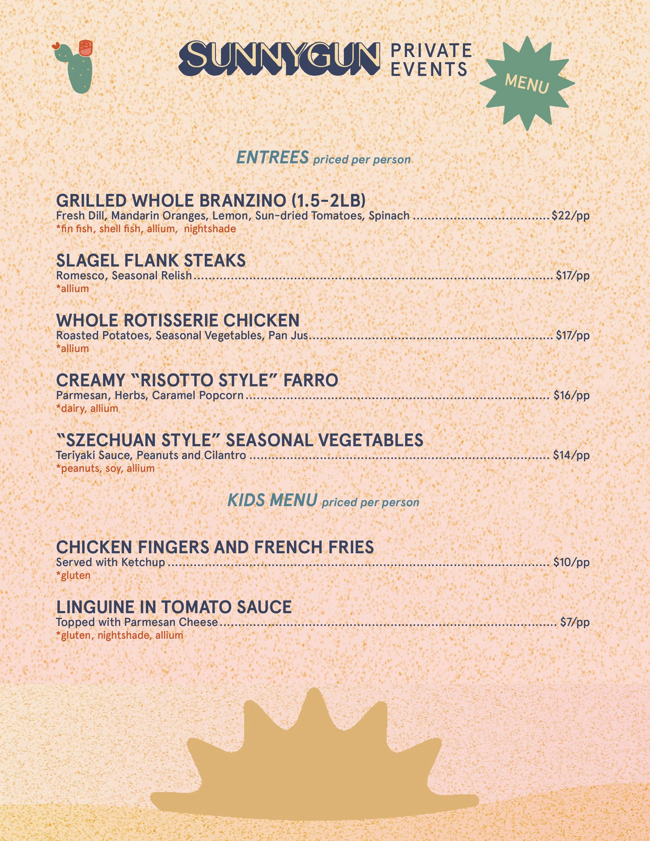 Private Events Menu — SUNNYGUN