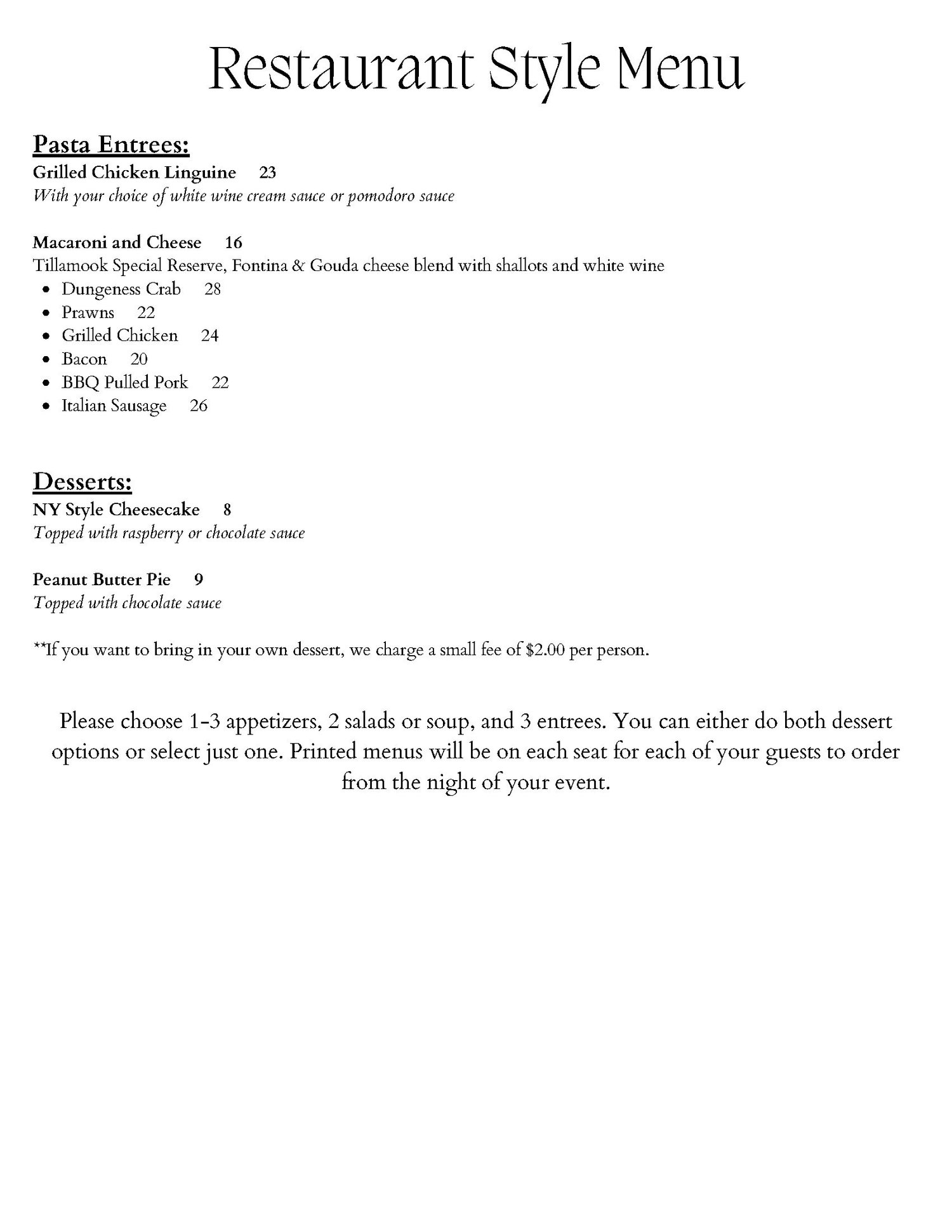 Banquet Room Limited Menu