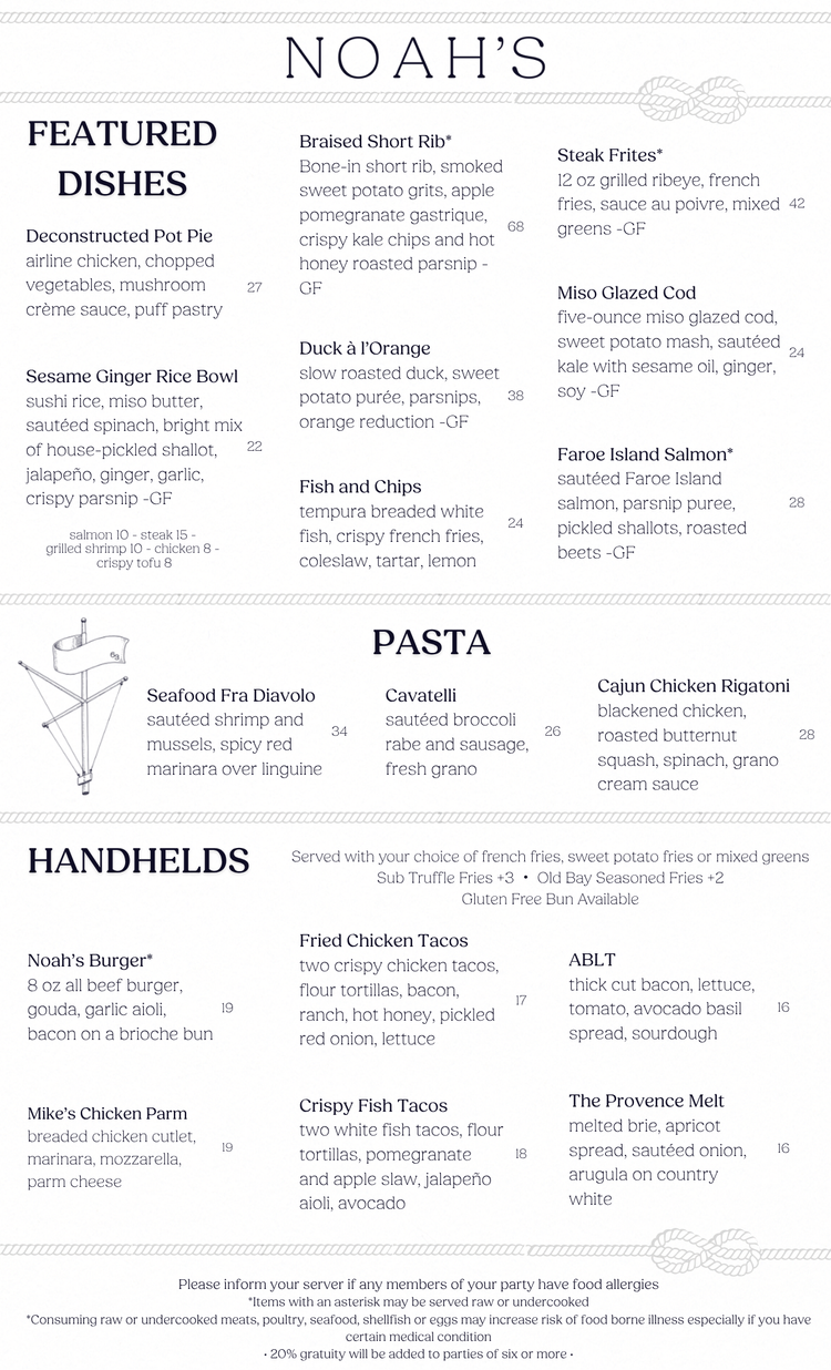 Menu — Noah's at 63 Main