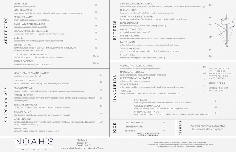 Menu — Noah's at 63 Main