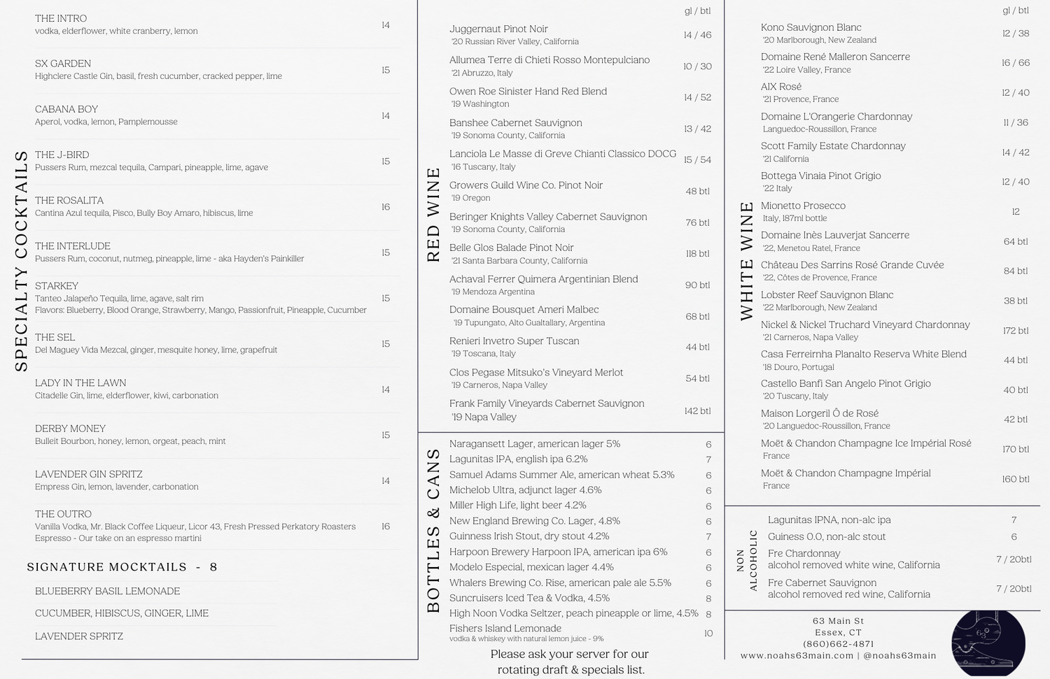 Menu — Noah's at 63 Main