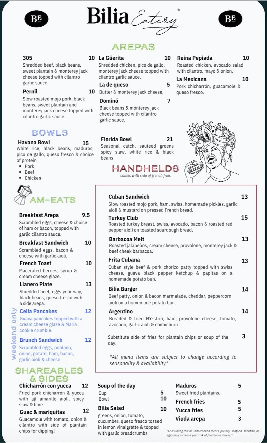Menu — Bilia Eatery
