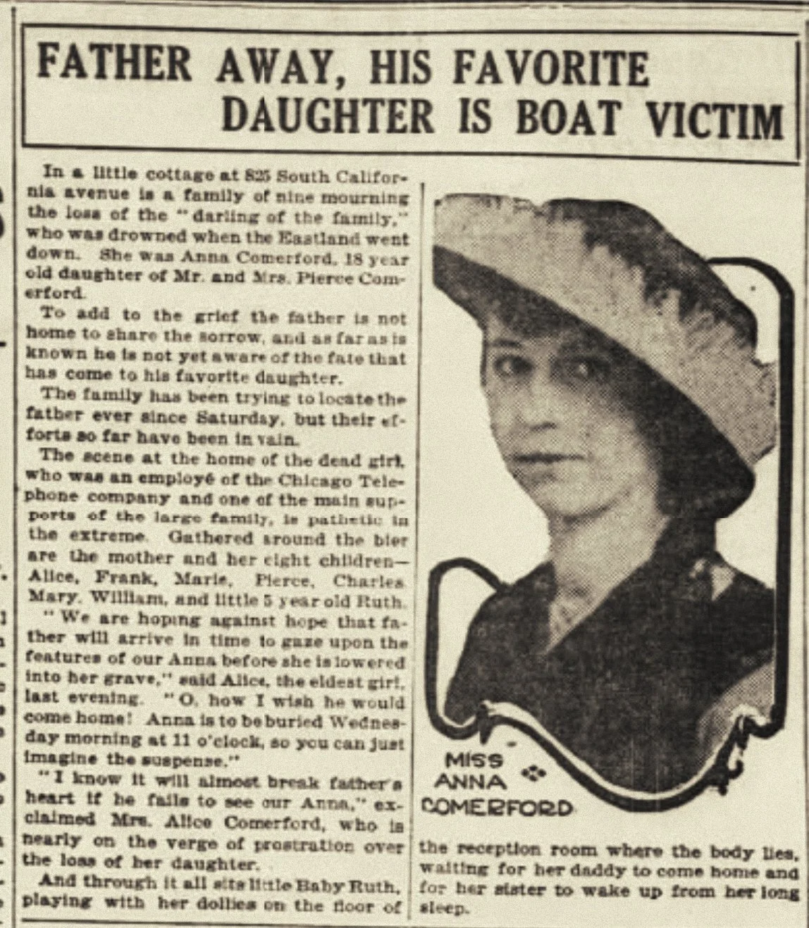 Anna Comerford: Eastland Disaster Victim and Beloved Daughter’s ...