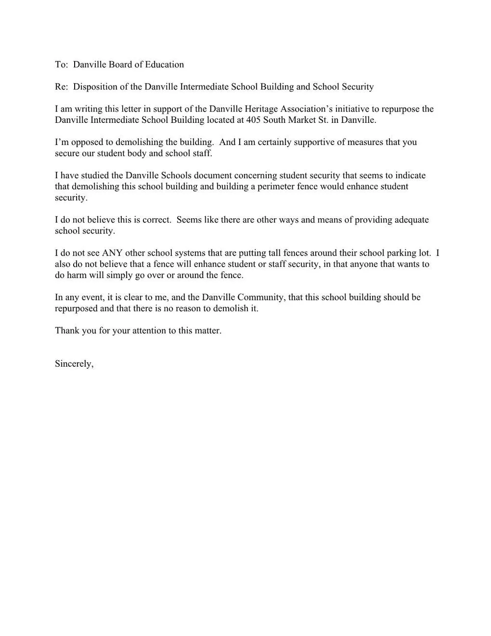 OTHER SAMPLES OF Letters of Support — Danville Heritage