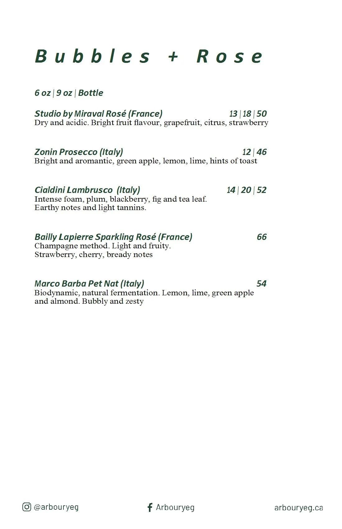 Drink Menu — Arbour