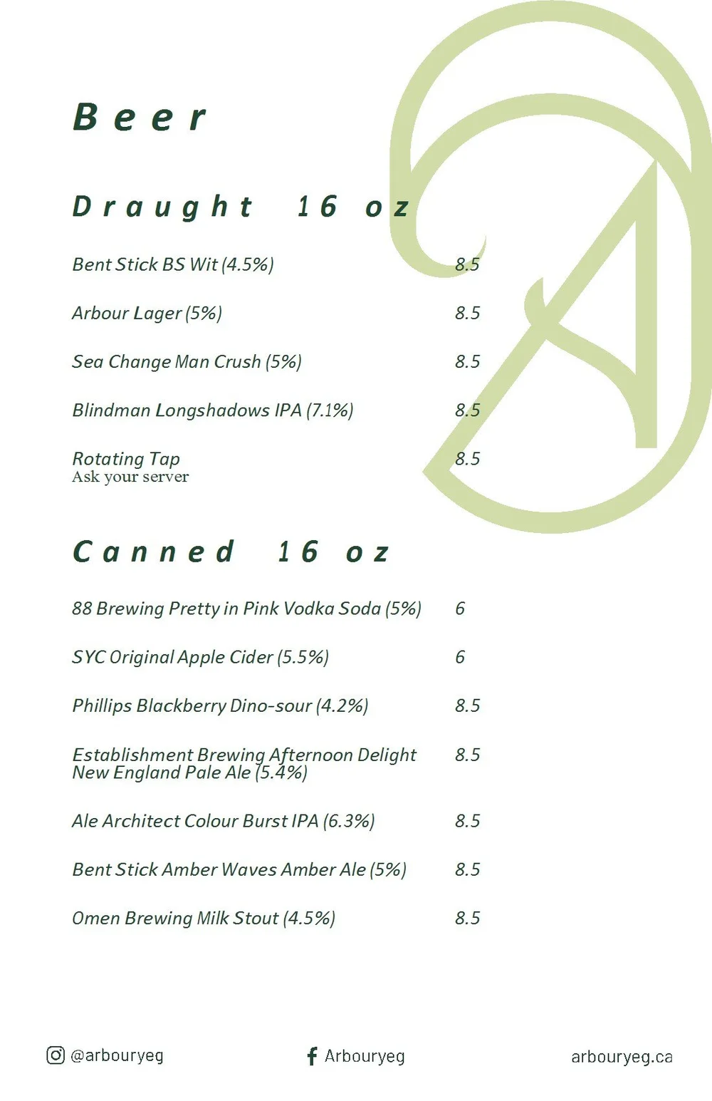 Drink Menu — Arbour