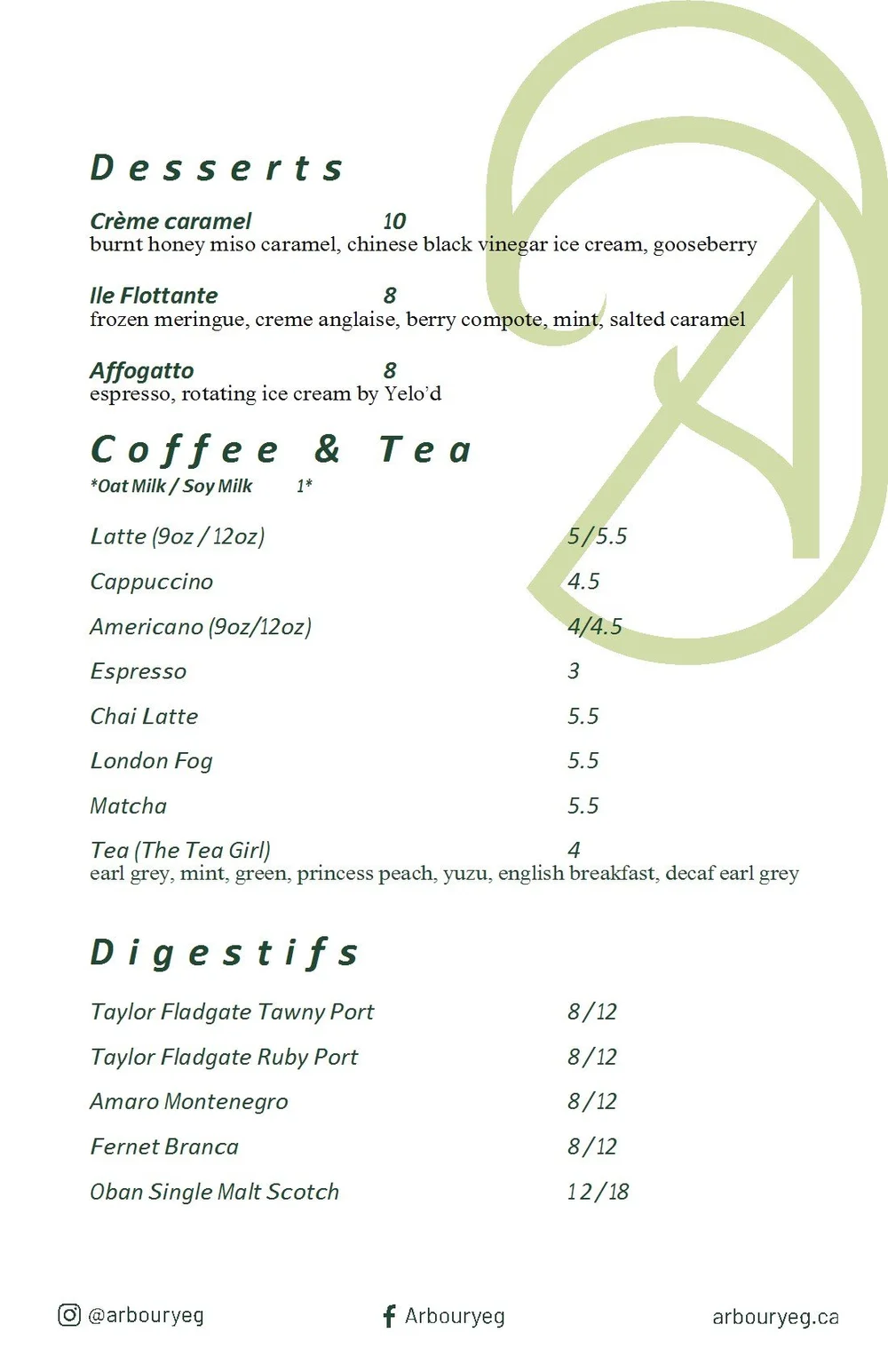 Drink Menu — Arbour