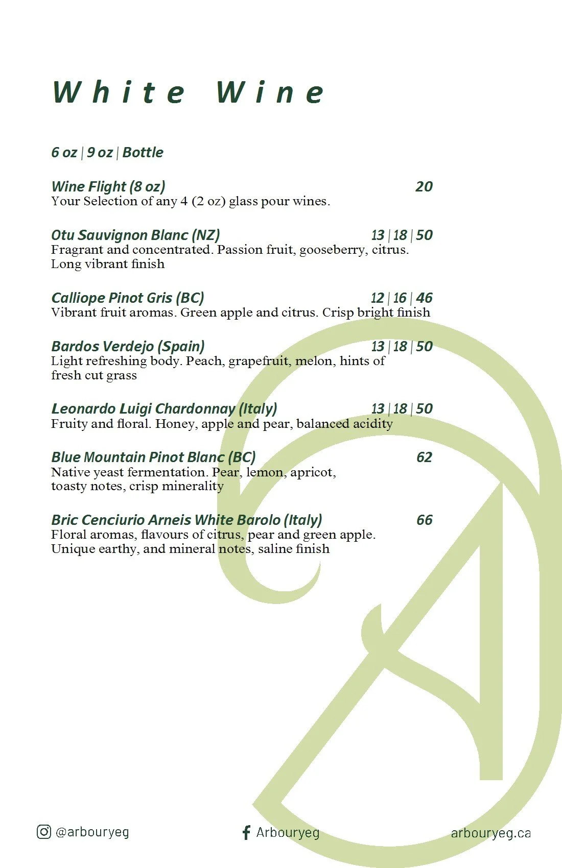 Drink Menu — Arbour