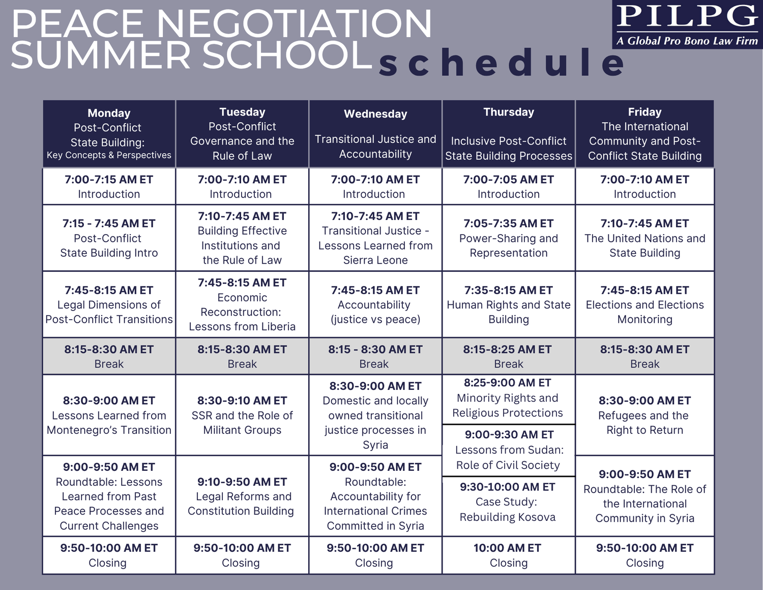 PILPG's Post-Conflict State Building Summer School Course Schedule and ...