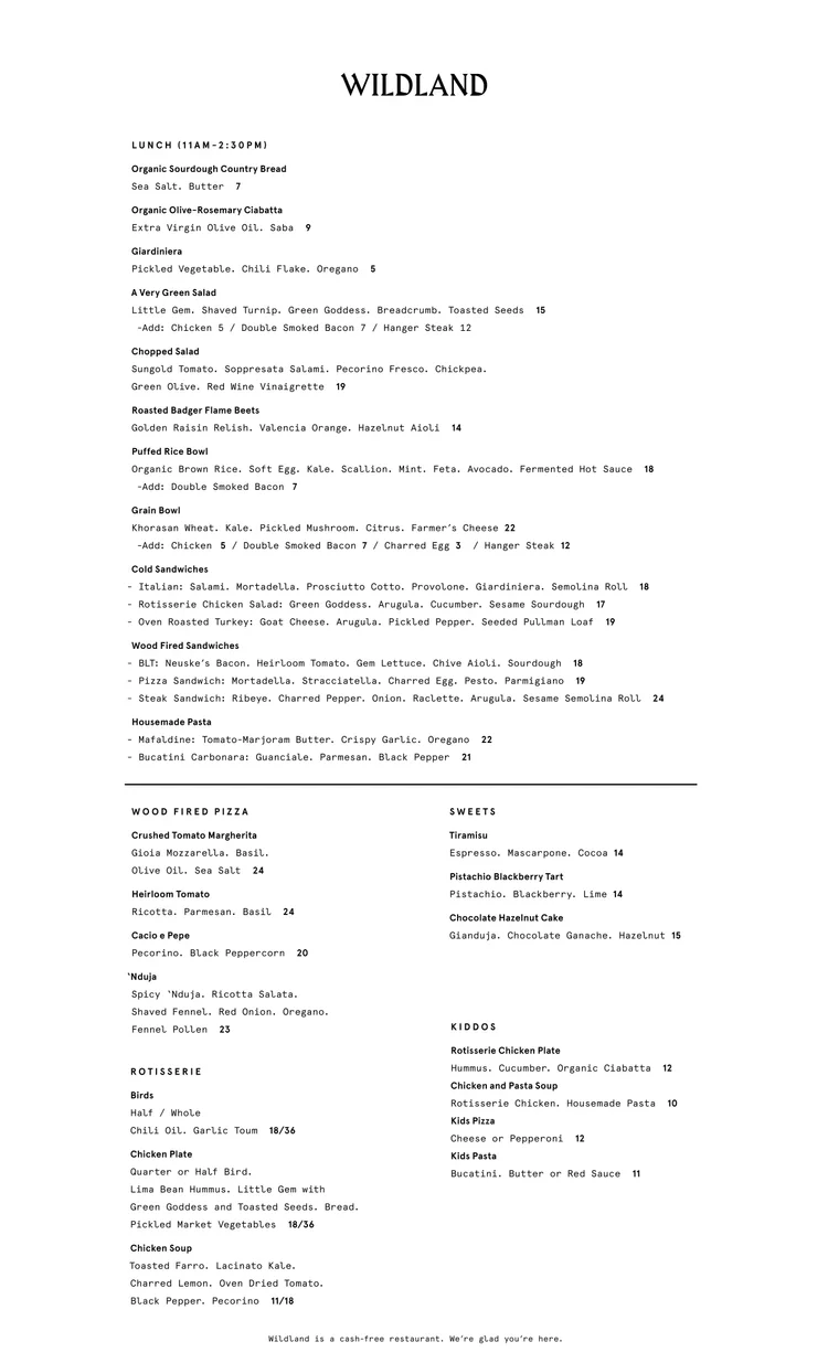Lunch Menu — Wildland
