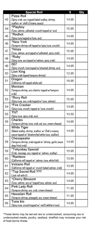 Menu — Tokyo Bay Japanese Steakhouse