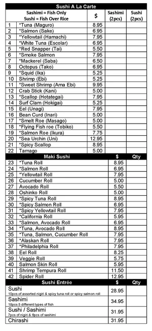 Menu — Tokyo Bay Japanese Steakhouse