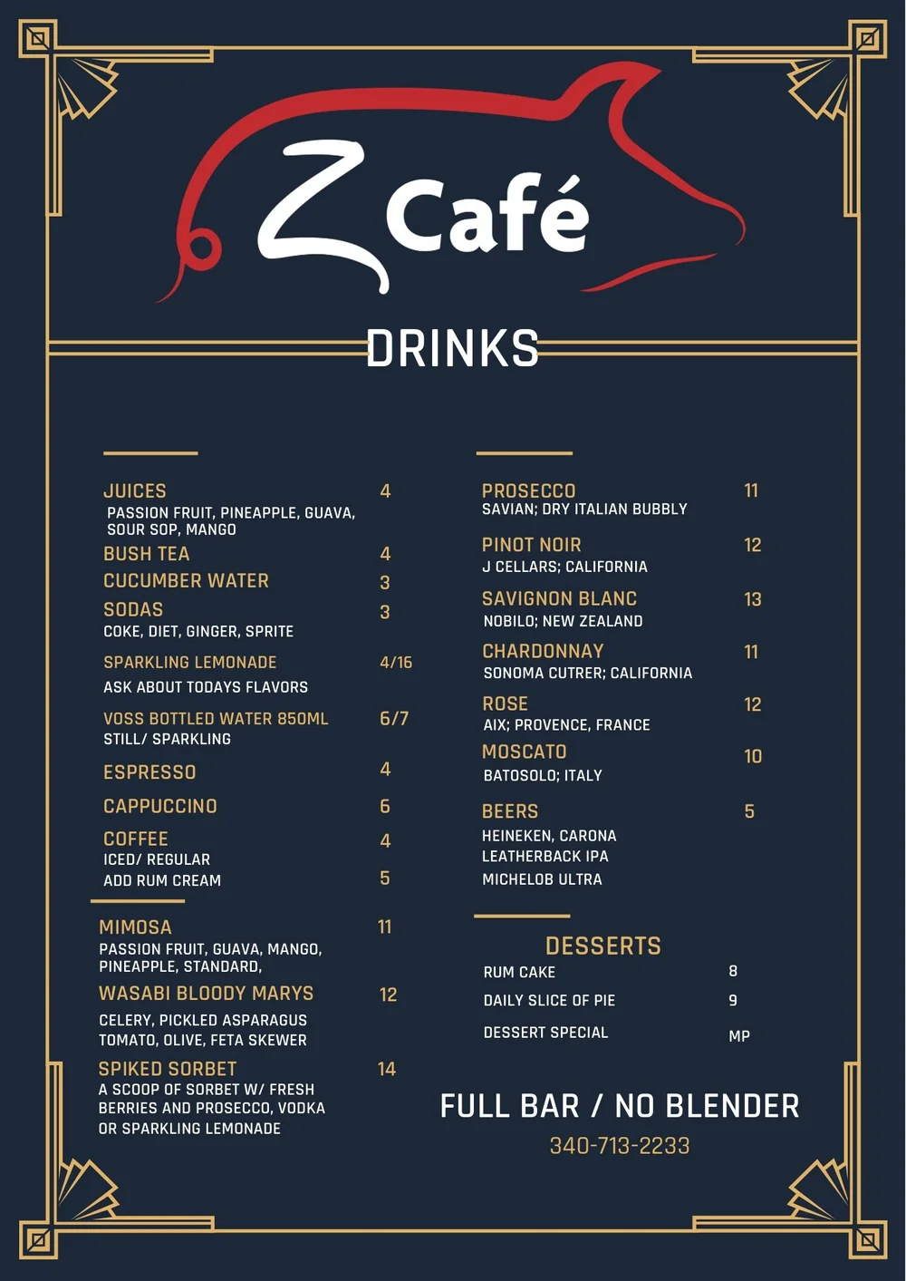 Z Cafe STX menus — Z Cafe