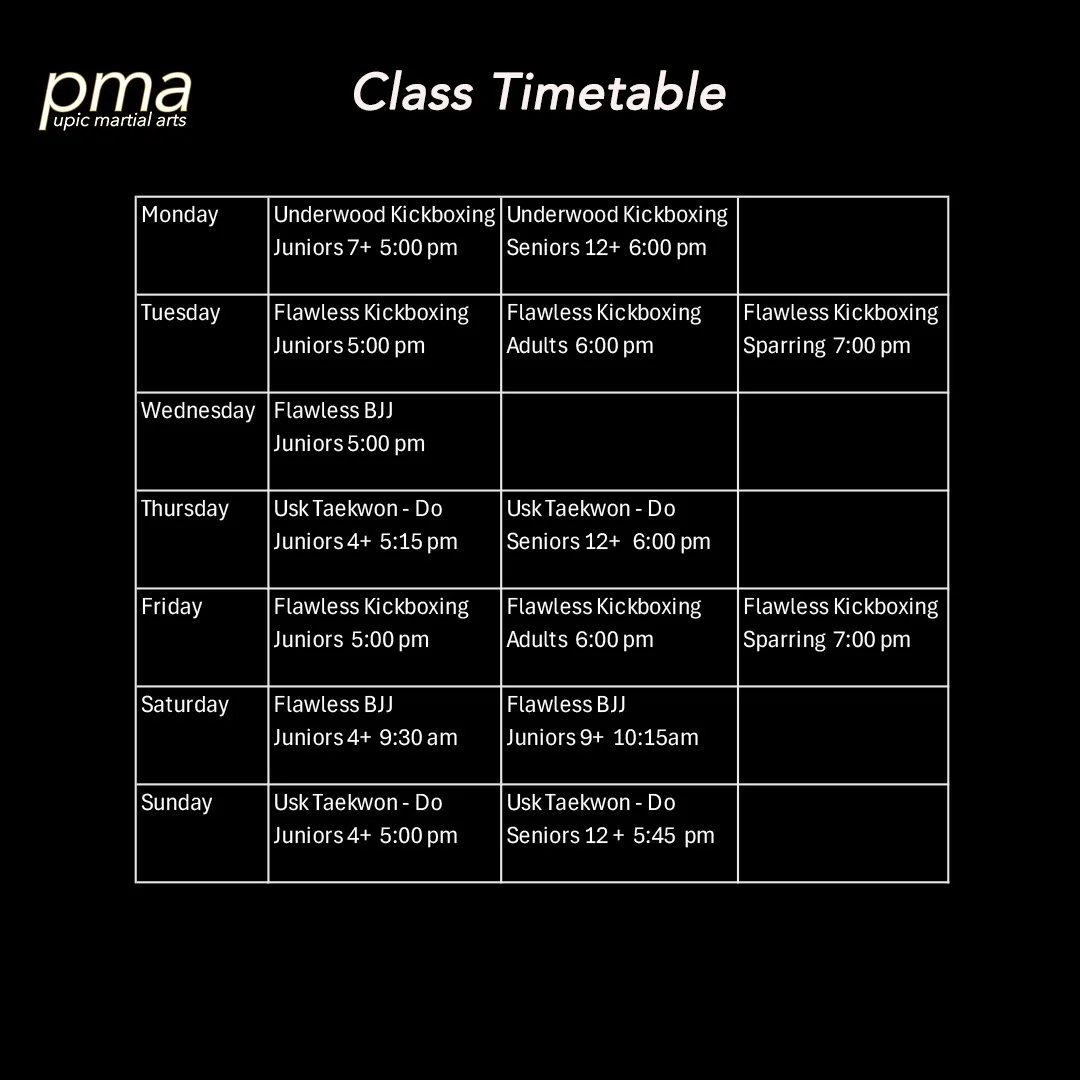 Timetable for classes — PMA Martial Arts