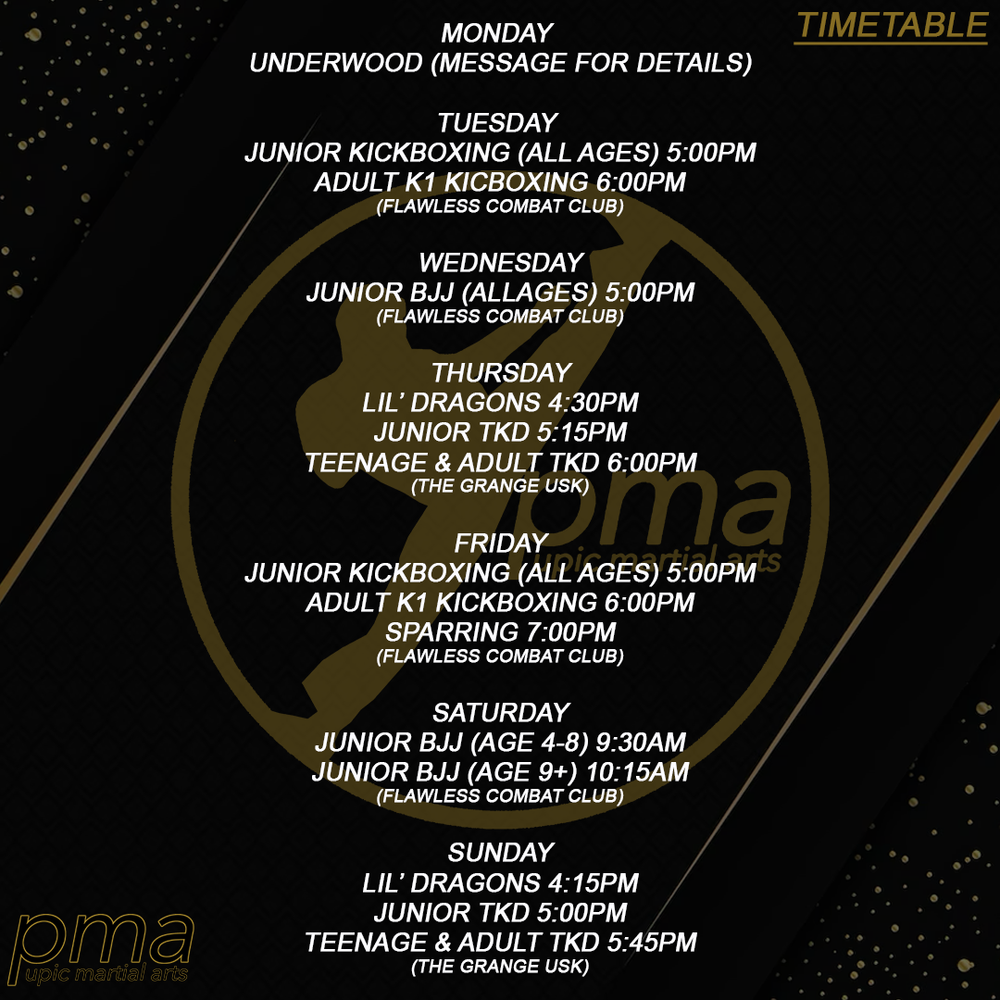 Timetable for classes — PMA Martial Arts