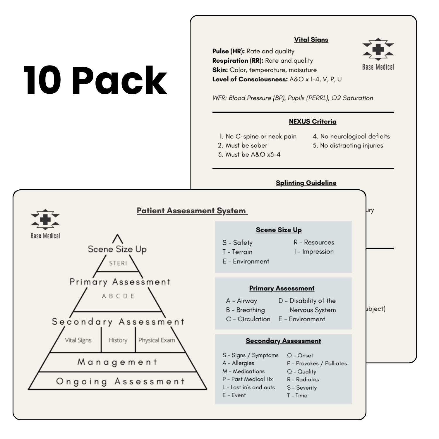 Patient Assessment Quick Reference Cards (Pack of 10) — Base Medical