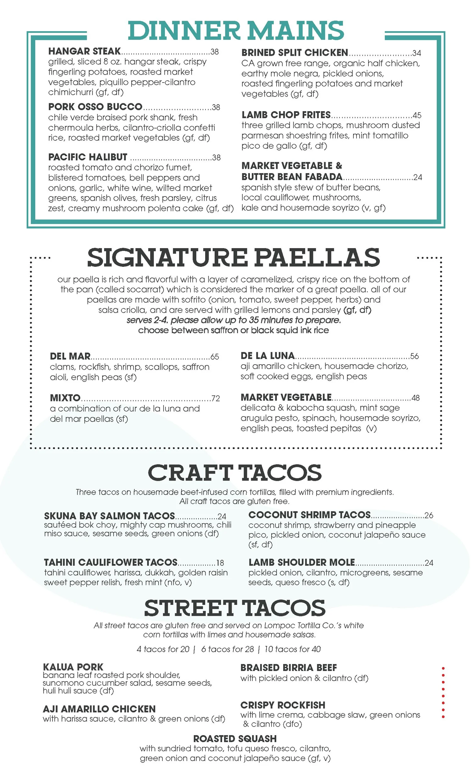 Dinner Menu — Luna Red Restaurant & Bar