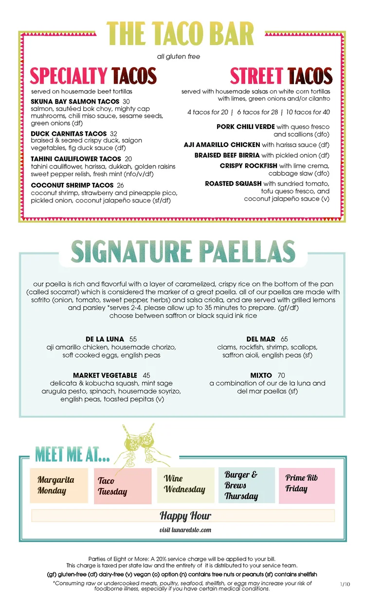 Dinner Menu — Luna Red Restaurant & Bar