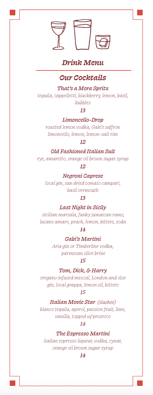 Dinner and Drinks — Gabbiano's