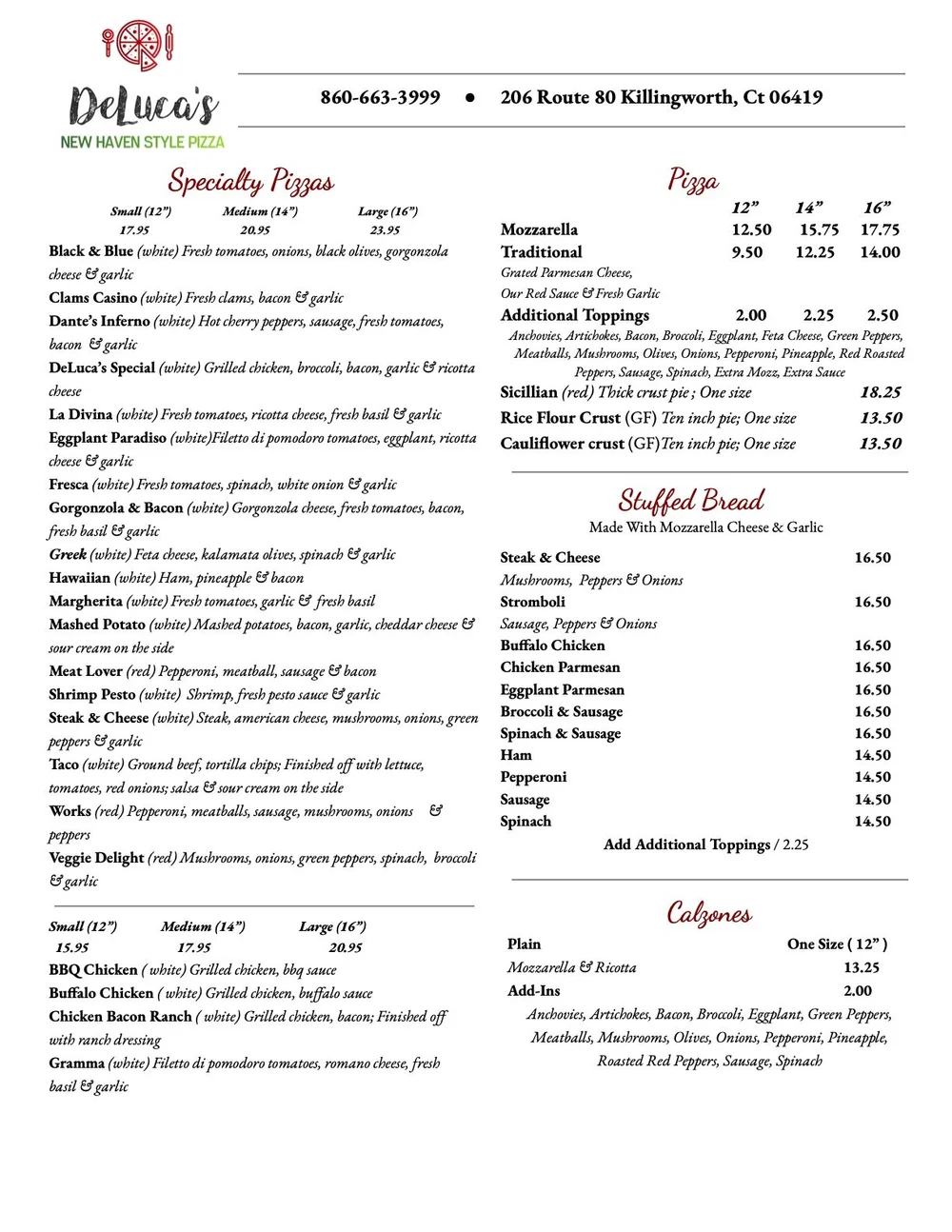 Menu — DeLucas Pizzeria