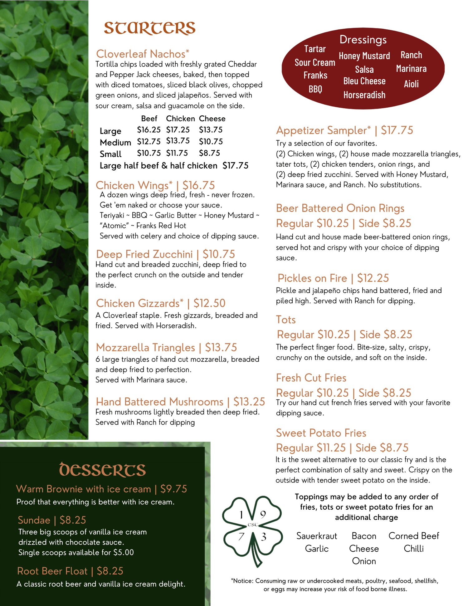 Cloverleaf Sports Bar & Grill Menu — Cloverleaf Sports Bar & Grill