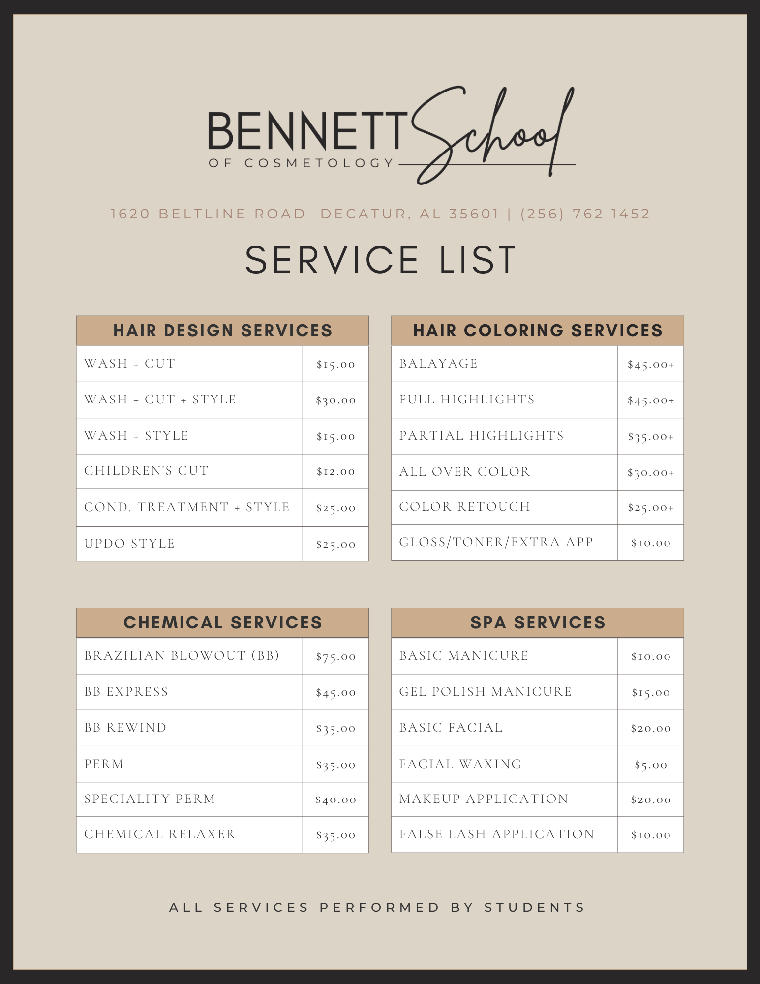 Services | Book Your Beauty Service Today — Bennett School of Cosmetology