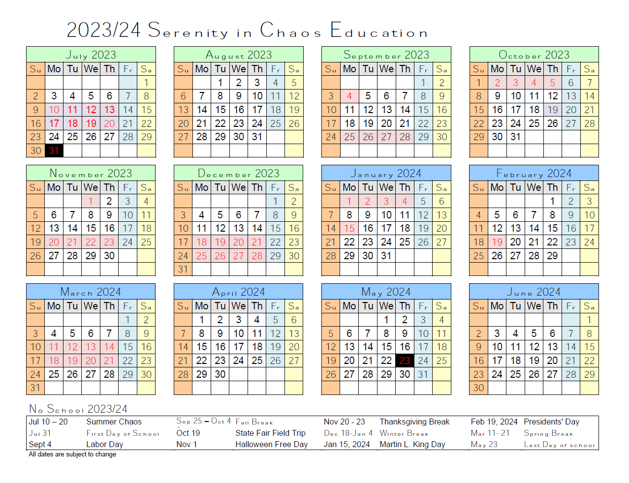2023 - 2024 School Calendar — Serenity in Chaos Education