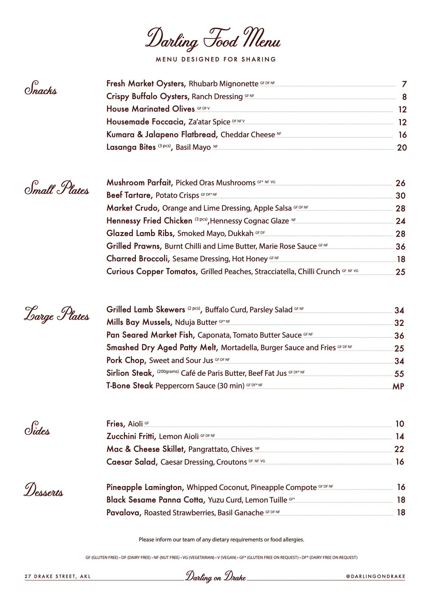MENUS — Darling on Drake