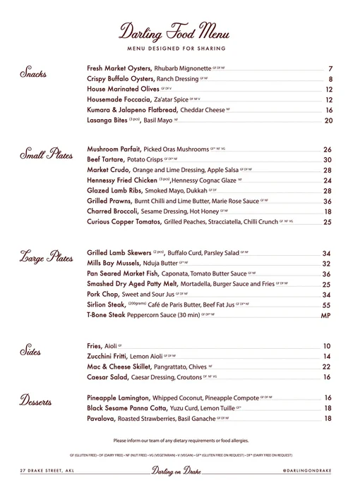 MENUS — Darling on Drake
