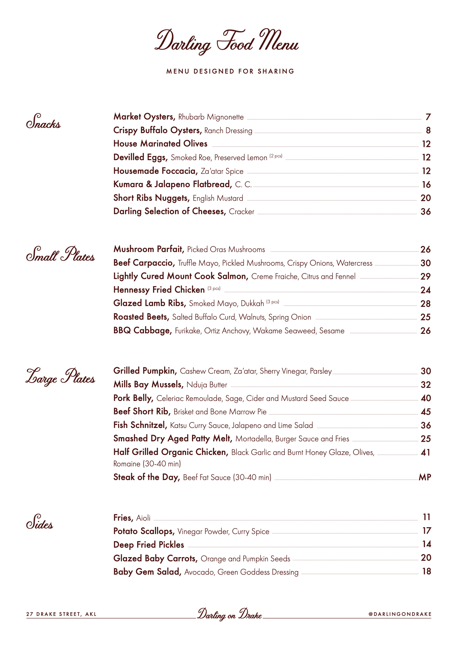 MENUS — Darling on Drake