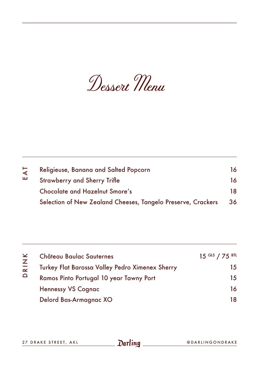 MENUS — Darling on Drake