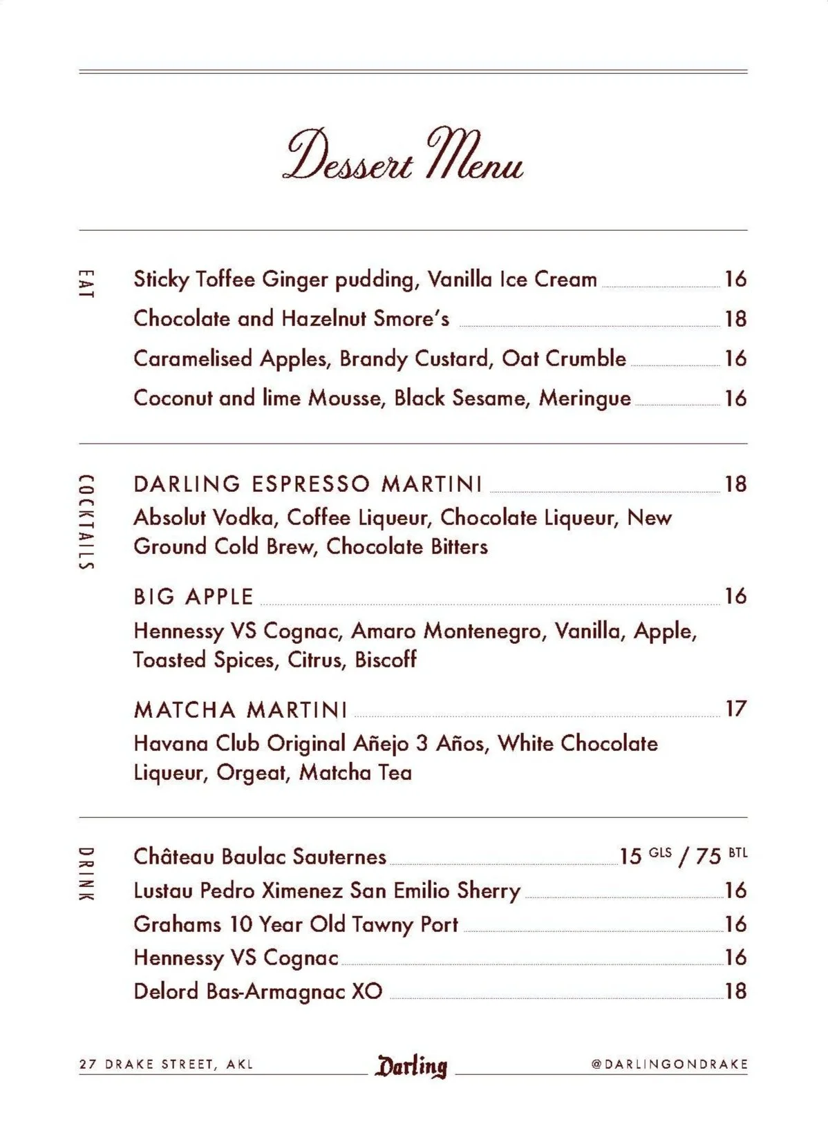 MENUS — Darling on Drake