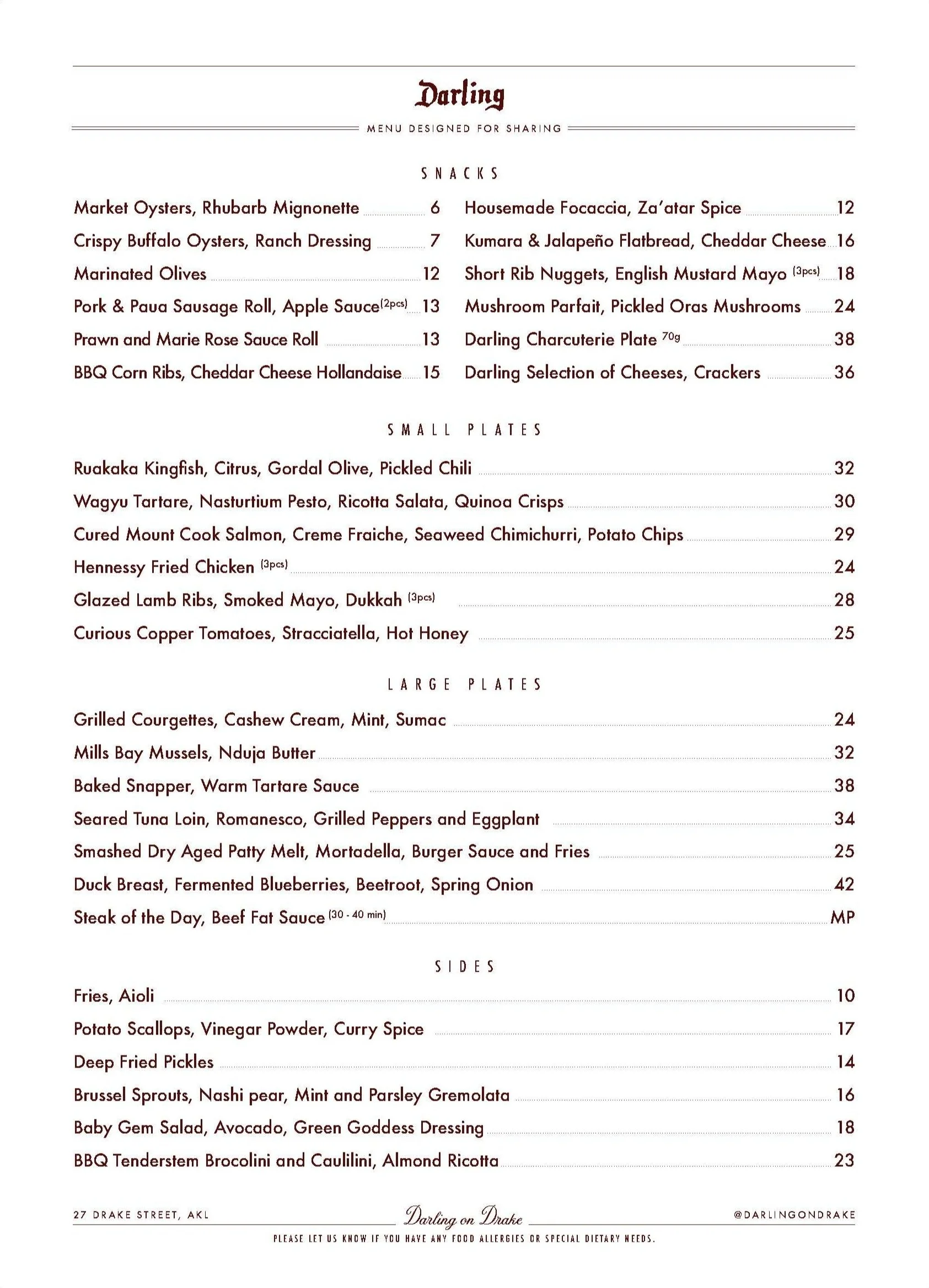 MENUS — Darling on Drake