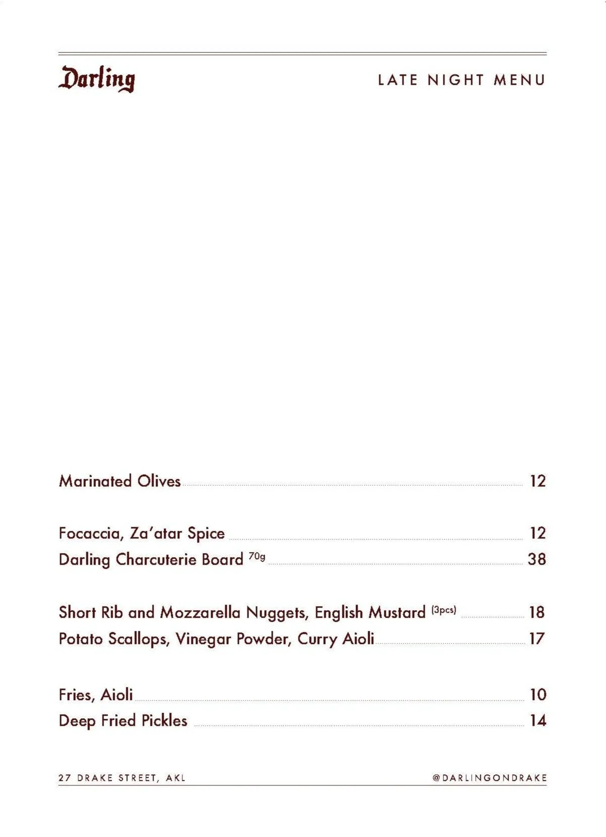 MENUS — Darling on Drake