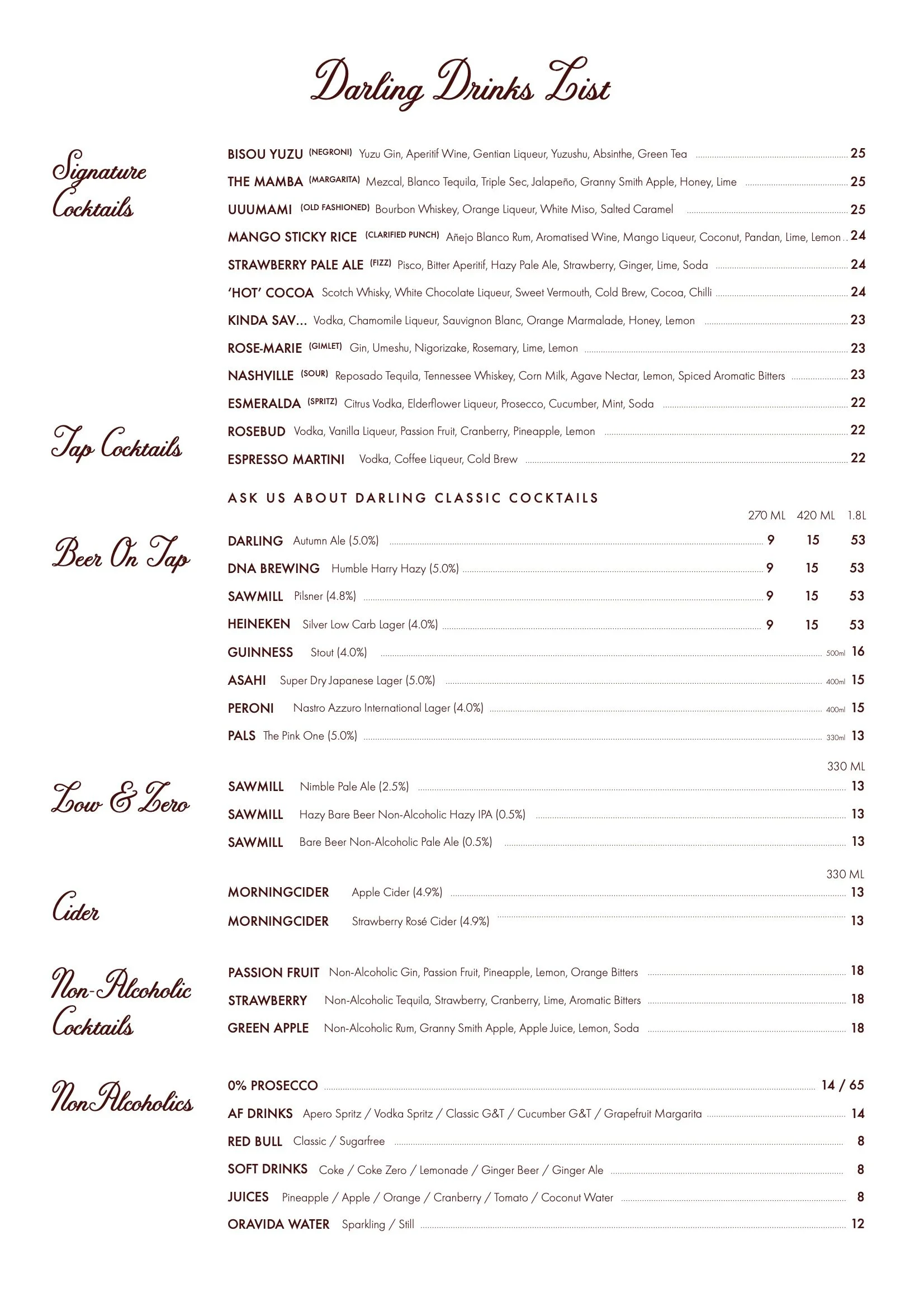 MENUS — Darling on Drake