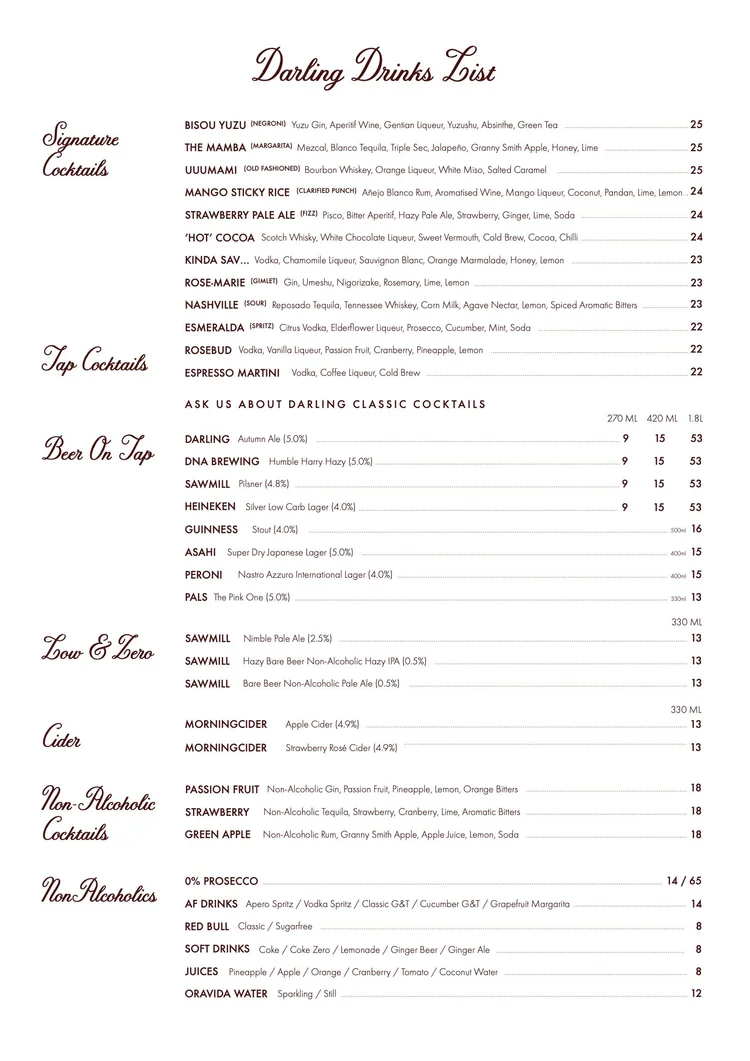 MENUS — Darling on Drake