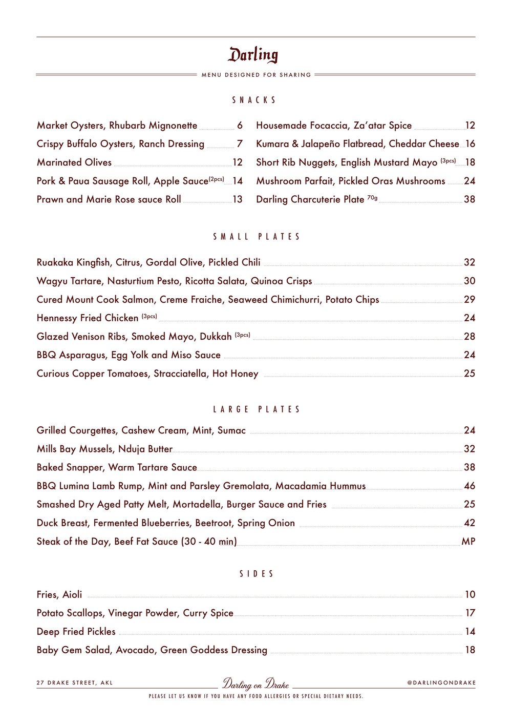 MENUS — Darling on Drake