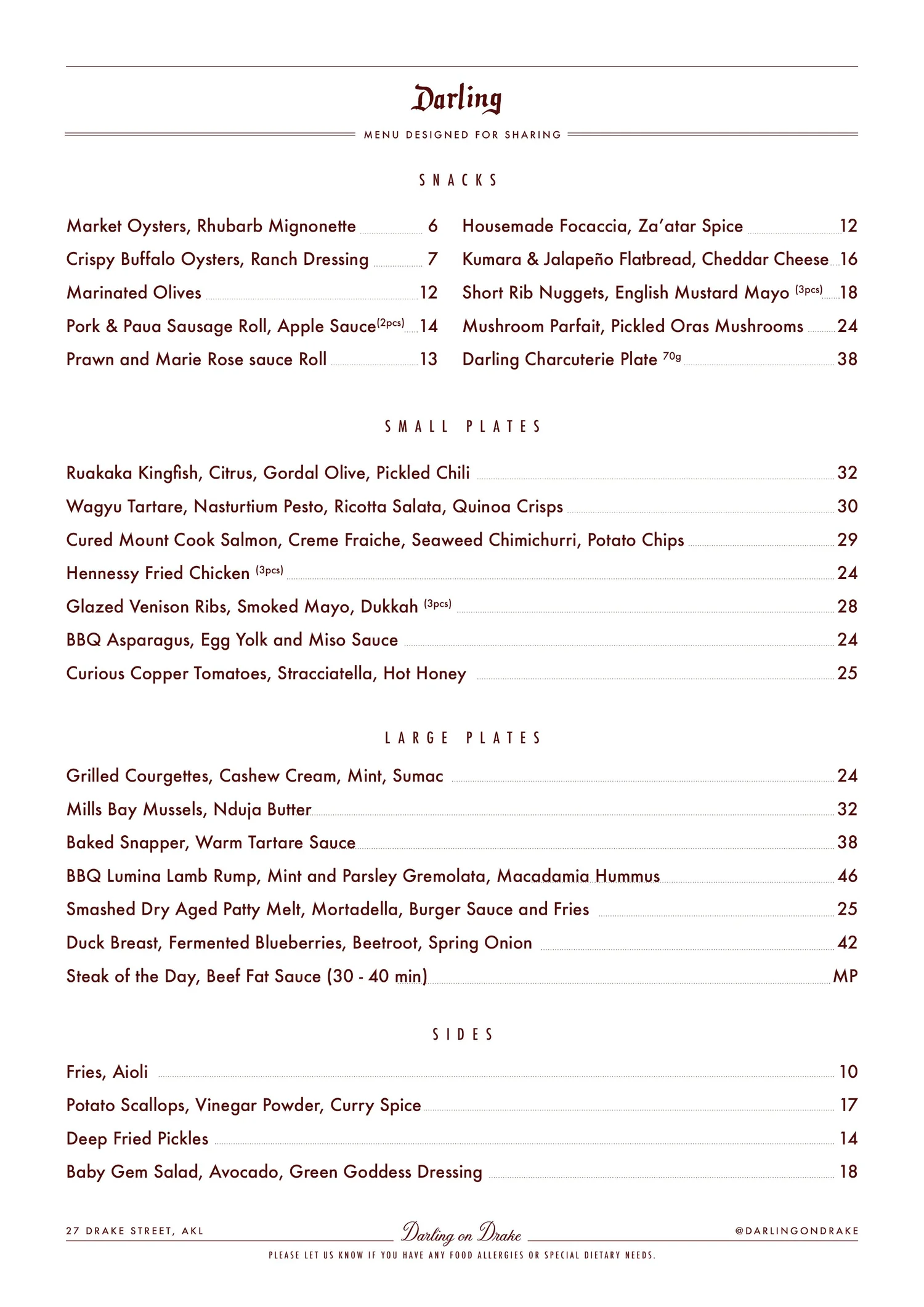 MENUS — Darling on Drake